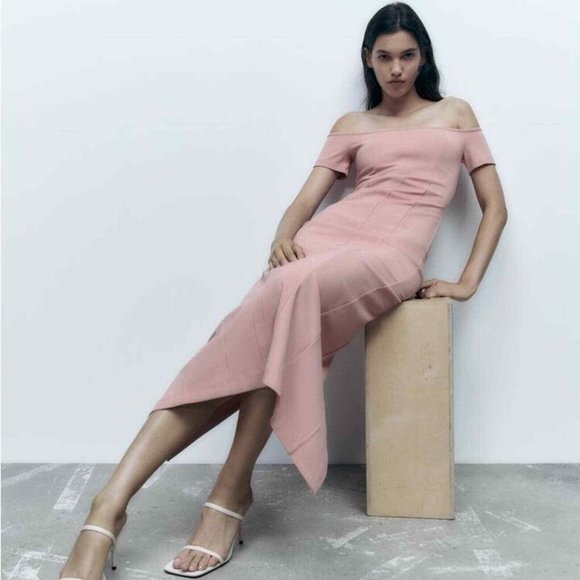 Zara | Dresses | Zara Pale Pink Topstitched Off The Shoulder Midi Dress ...